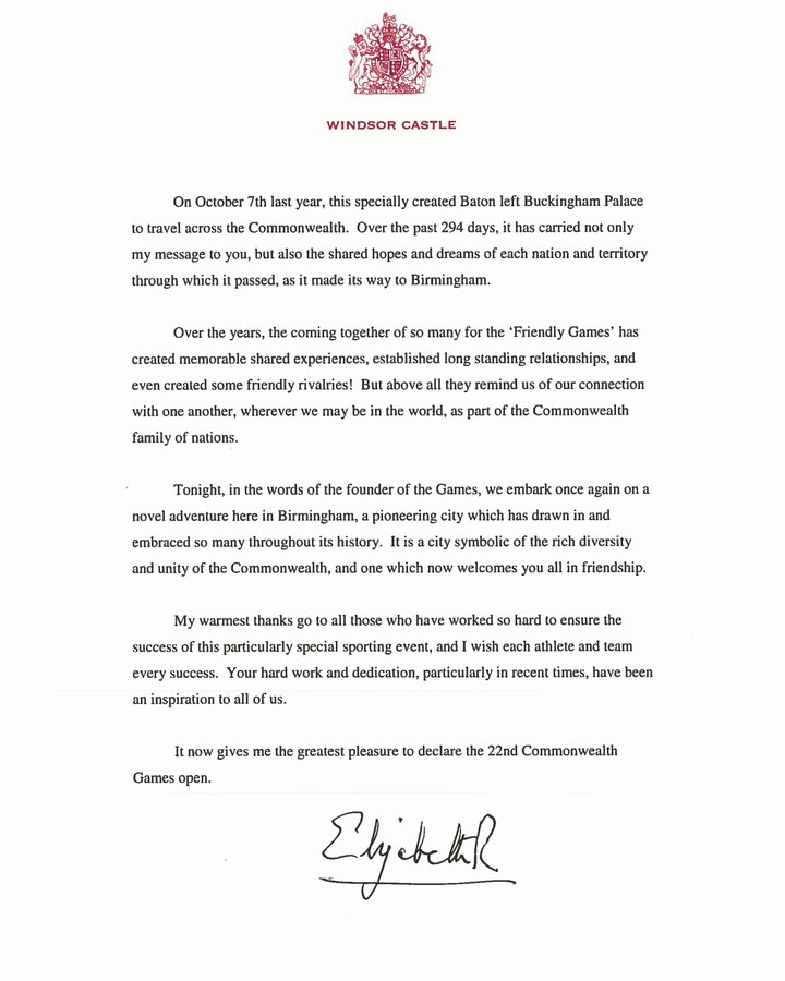 Her Majesty, the Queen | 22nd Commonwealth Games | Letter of greeting