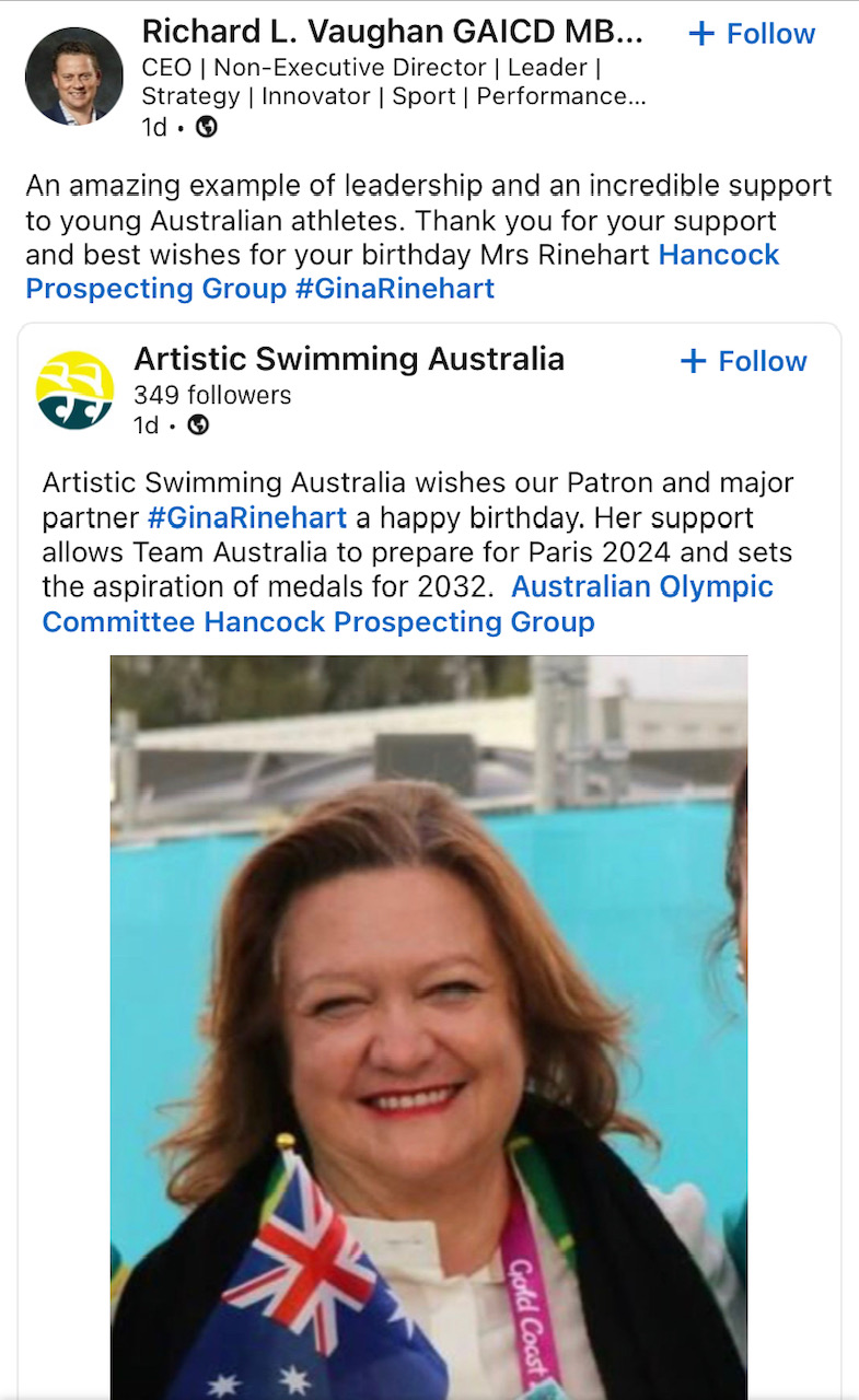 Best wishes birthday messages from Artistic Swimming Australia to Patron, Mrs Gina Rinehart AO